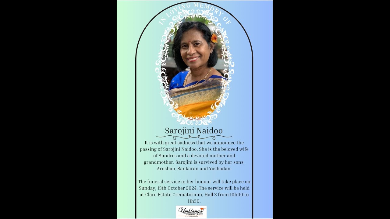 Funeral Service for Late Sarojini Naidoo - YouTube