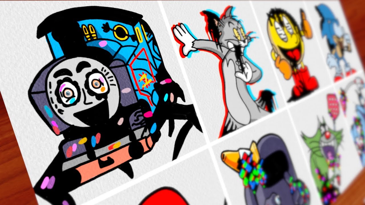 Drawing Friday Night Funkin Pibby Thomas, Tom, Pac man, Sonic, Red ...