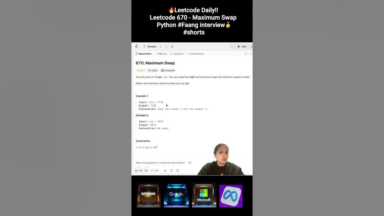 🔥leetcode Daily Leetcode 670 Maximum Swap Python Faang Interview🥇shorts Leetcode Youtube 