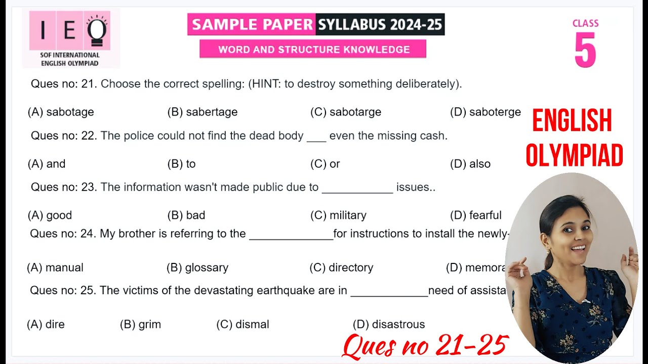IEO Class 5 English Olympiad Sample Paper Ques no 21-30 | English ...