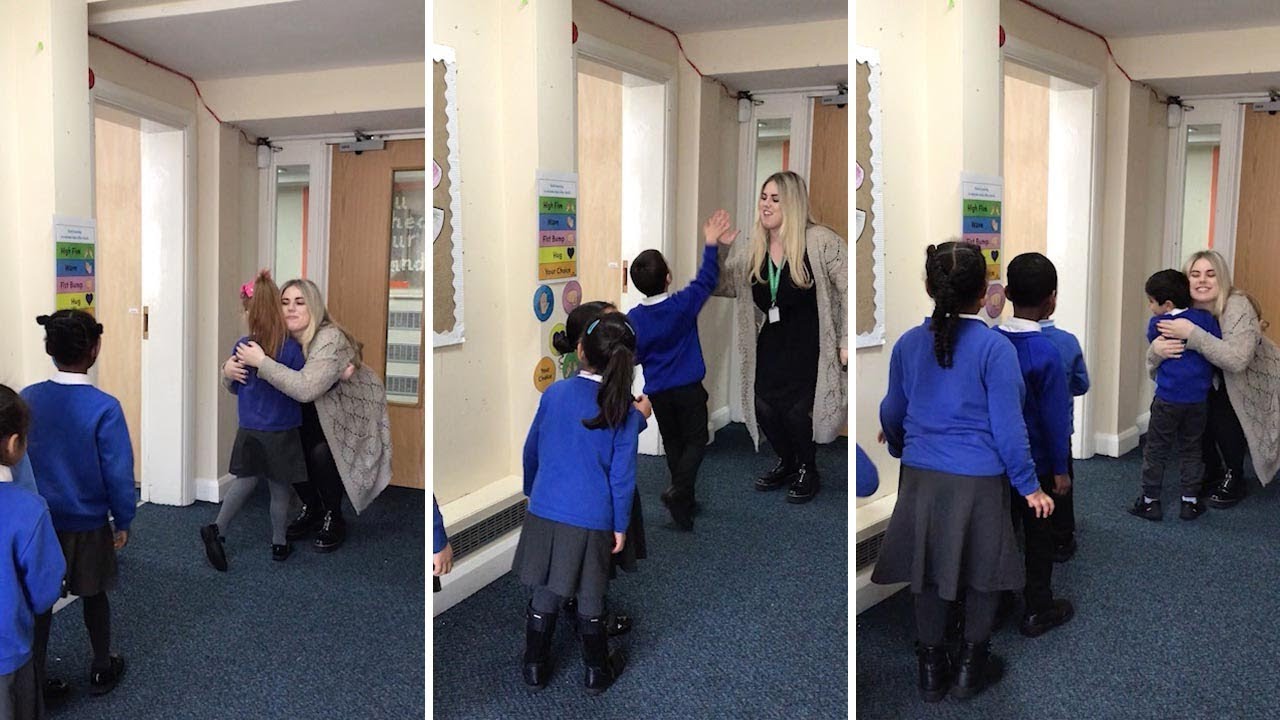 Doting Teacher's Morning Routine Offers Children Hugs and High-Fives ...