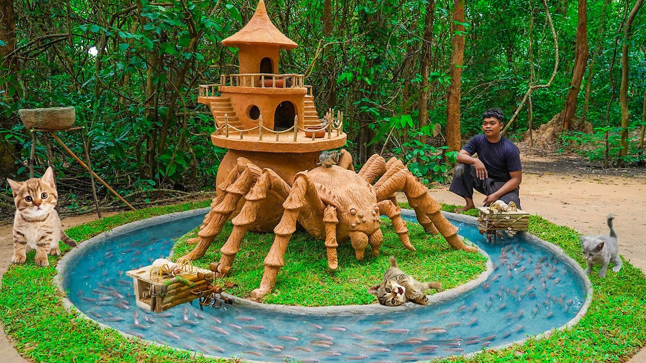 Build House for adorable cats and build fish pond around dog house ...