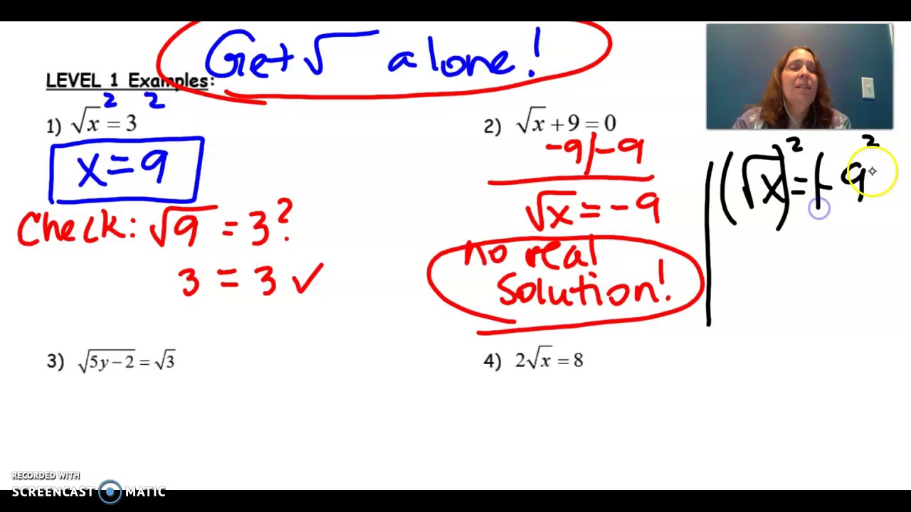 Algebra - Solving Radical Equations Day 1 Notes - YouTube