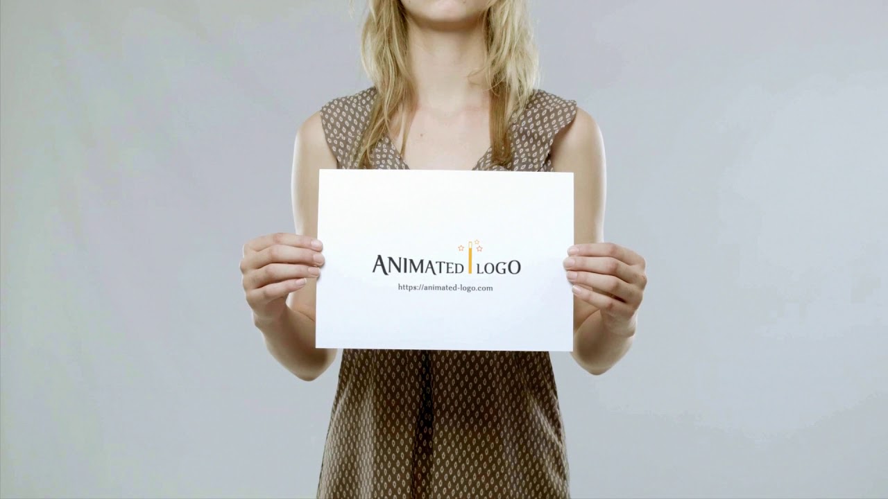 Girl showing your logo on a piece of paper animation advertisement ...