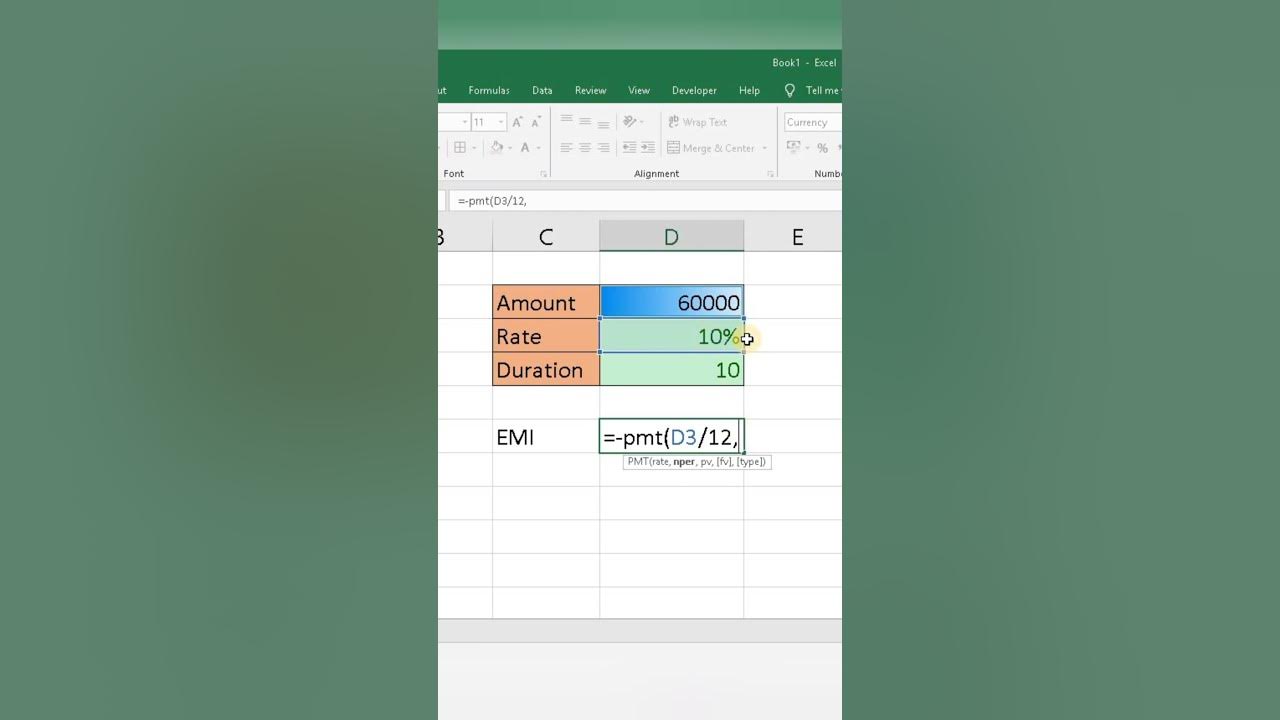 Calculate EMI using PMT function in excel #shorts - YouTube