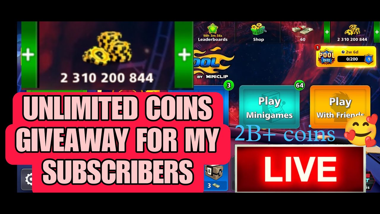 8 BALL POOL LIVE UNLIMITED COINS GIVEAWAY FOR SUBSCRIBERS 🥰🥰 #8bp ...