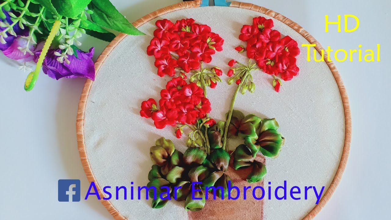 Embroidery of Red Geranium Flower - YouTube