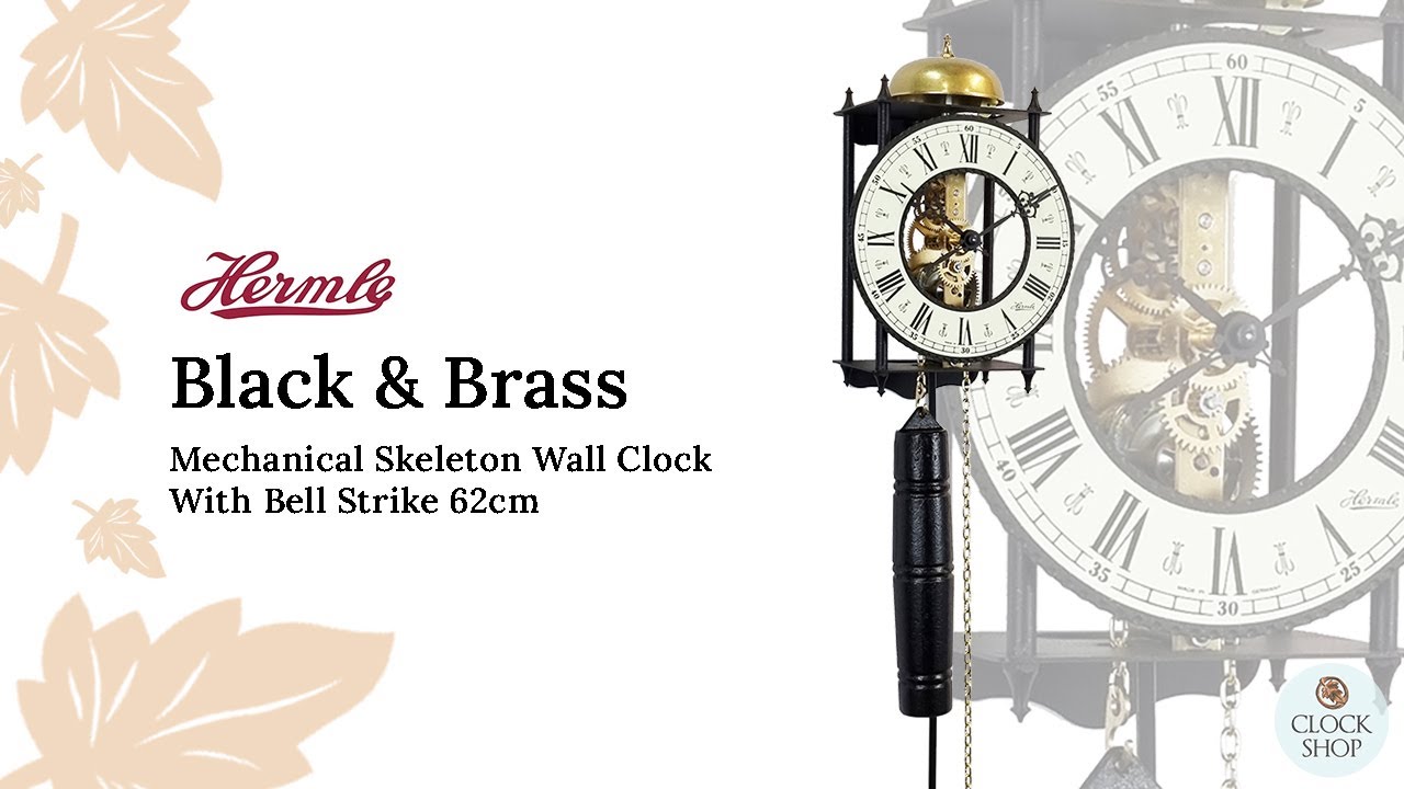 62cm Black & Brass Mechanical Skeleton Wall Clock With Bell Strike By ...