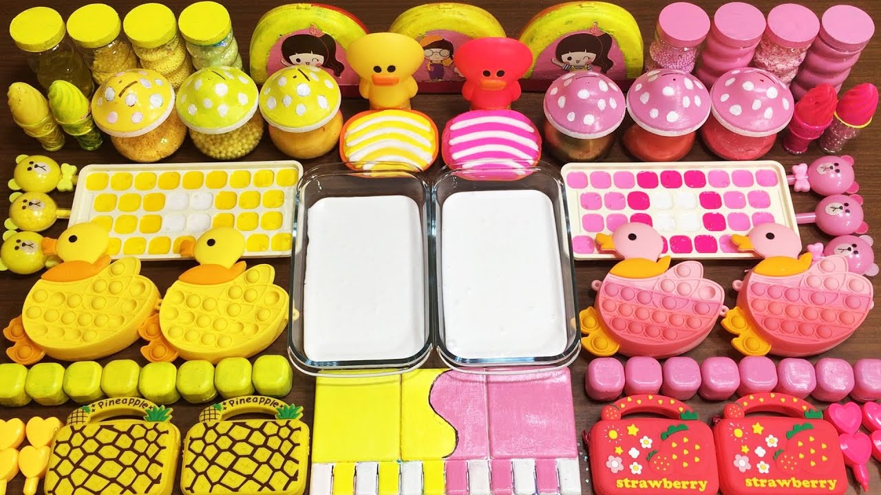 PINK VS YELLOW SLIME ! Mixing Random Things into GLOSSY Slime ...