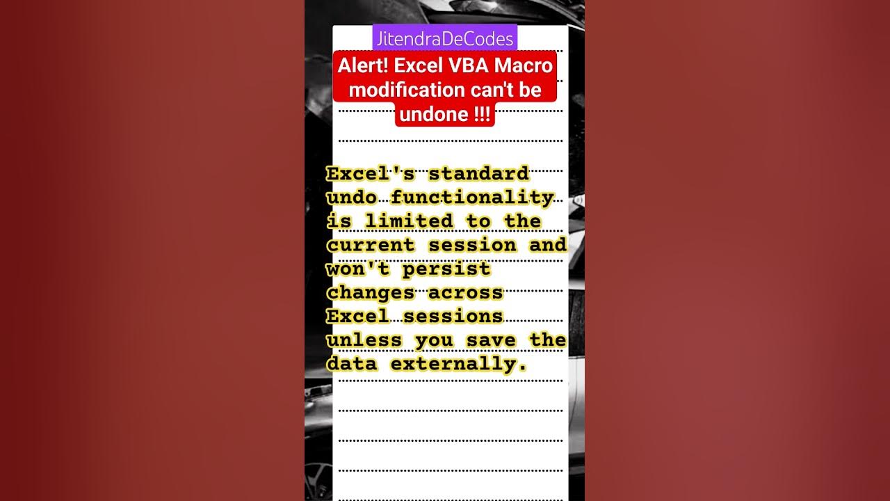 Alert Excel Vba Macro Modification Cant Be Undone Shorts Jitendra Jitendradecodes