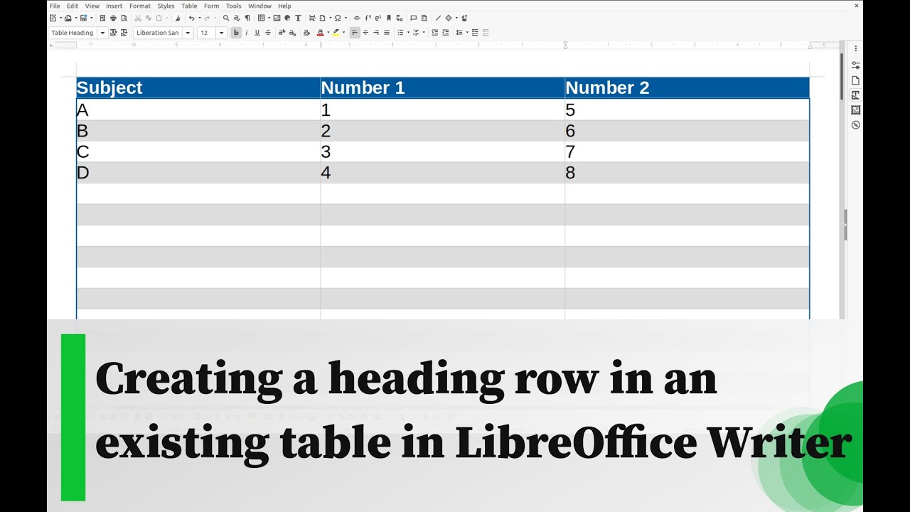 Creating A Heading Row In An Existing Table In LibreOffice Writer YouTube Creating A Heading Row In An Existing Table In LibreOffice Writer YouTube