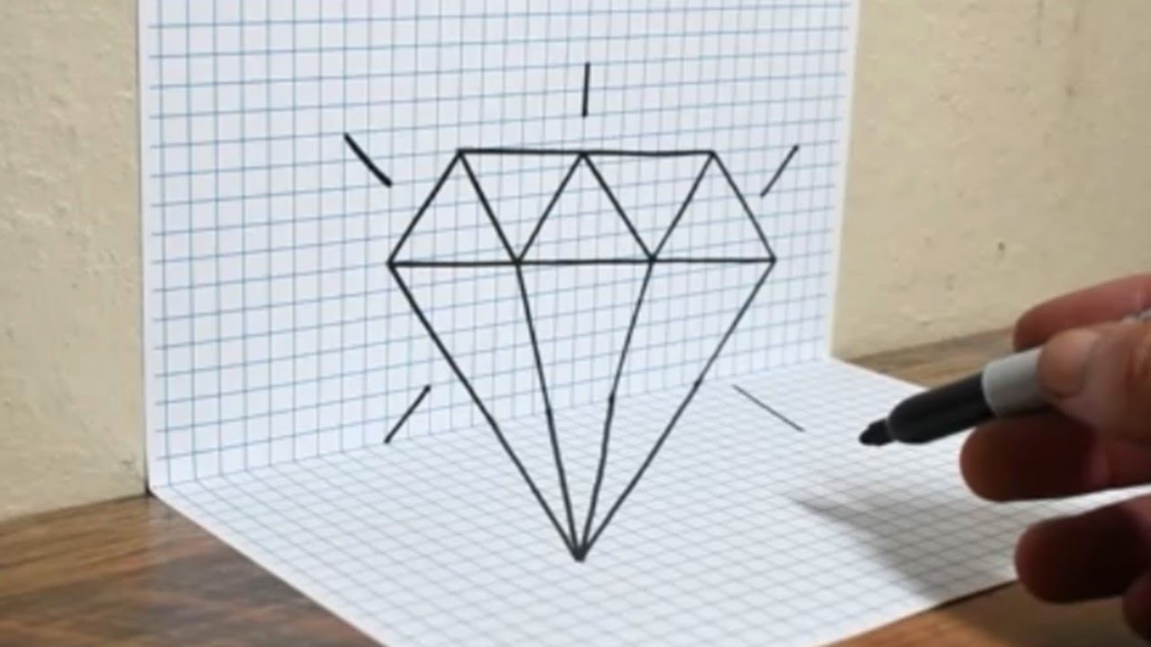 How to Draw a 3D Diamond on Graph Paper / Easy Trick Art Drawing ...