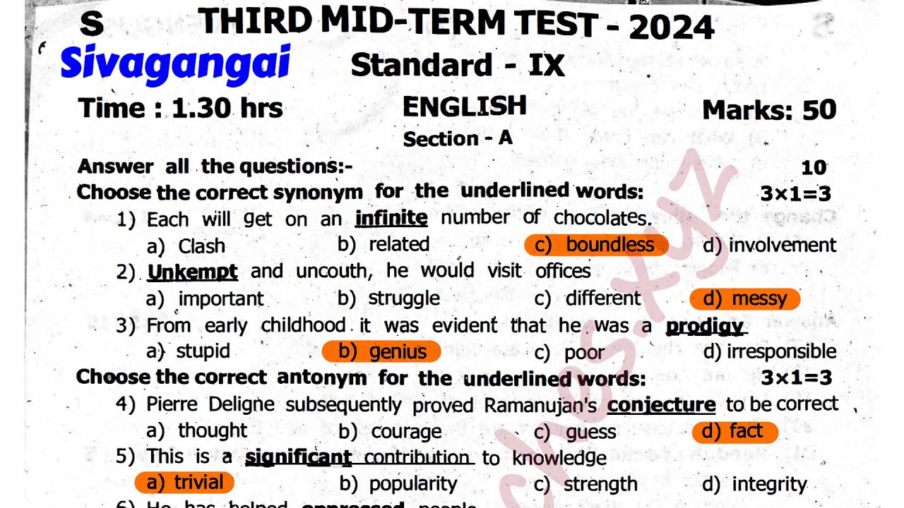 9th std English 3rd mid-term 2024 original question paper with answer ...