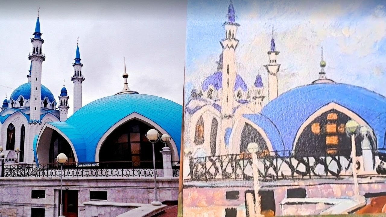 Easy Mosque Painting with New Background Style | Brush Techniques ...