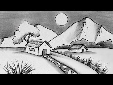 Karakalem Manzara Resmi ve Güzel Gün Batımı Doğa Çizimi, Yeni Başlayanlar İçin Karakalem Çizimler