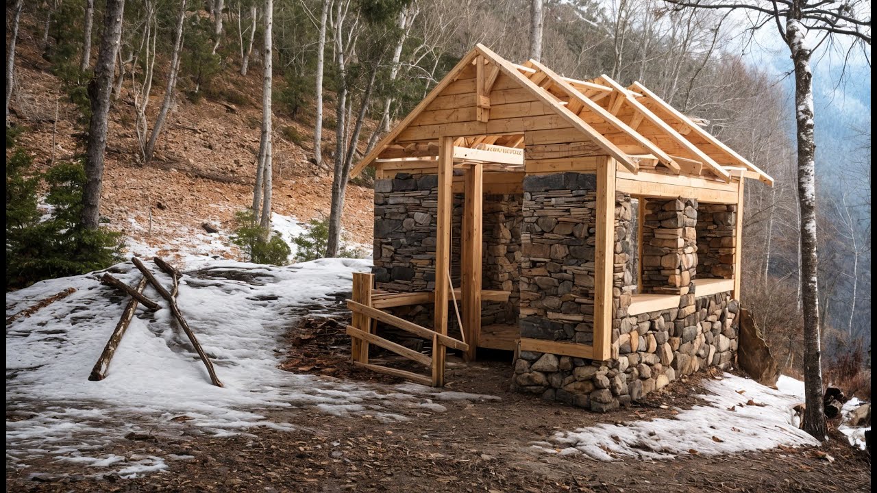 A Man Built a House of STONES and LOGS in the Forest - YouTube