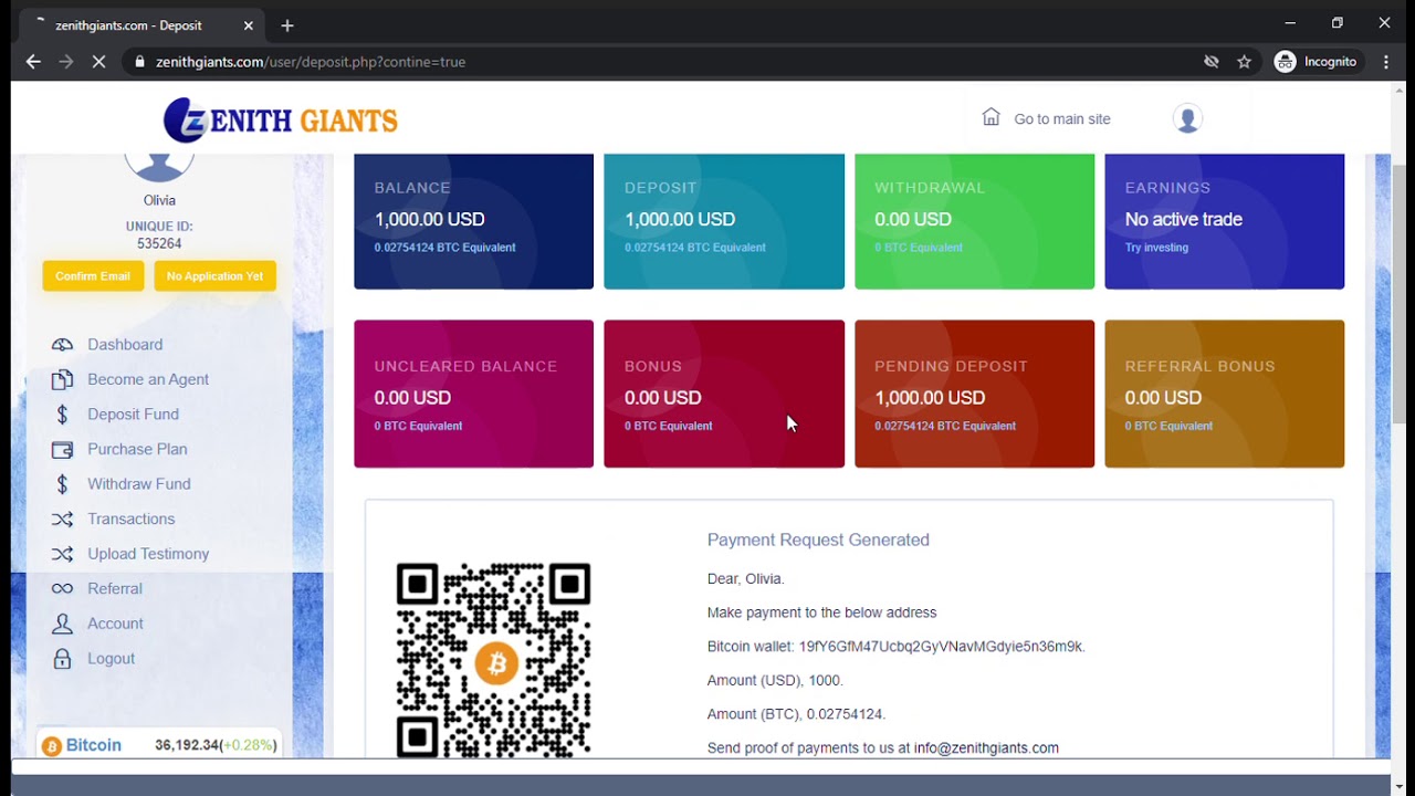 How to deposit funds in your zenith giants dashboard for trading - YouTube