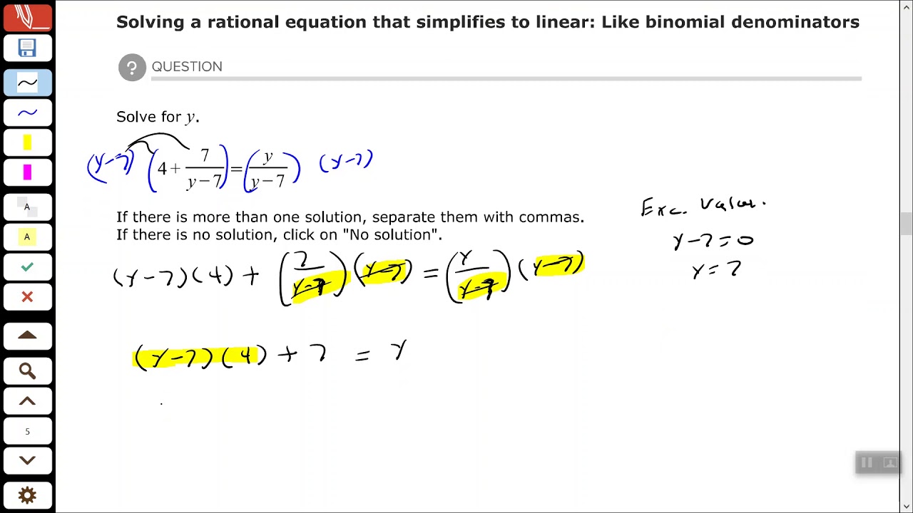 Solving a rational equation that simplifies to linear: Like binomial ...