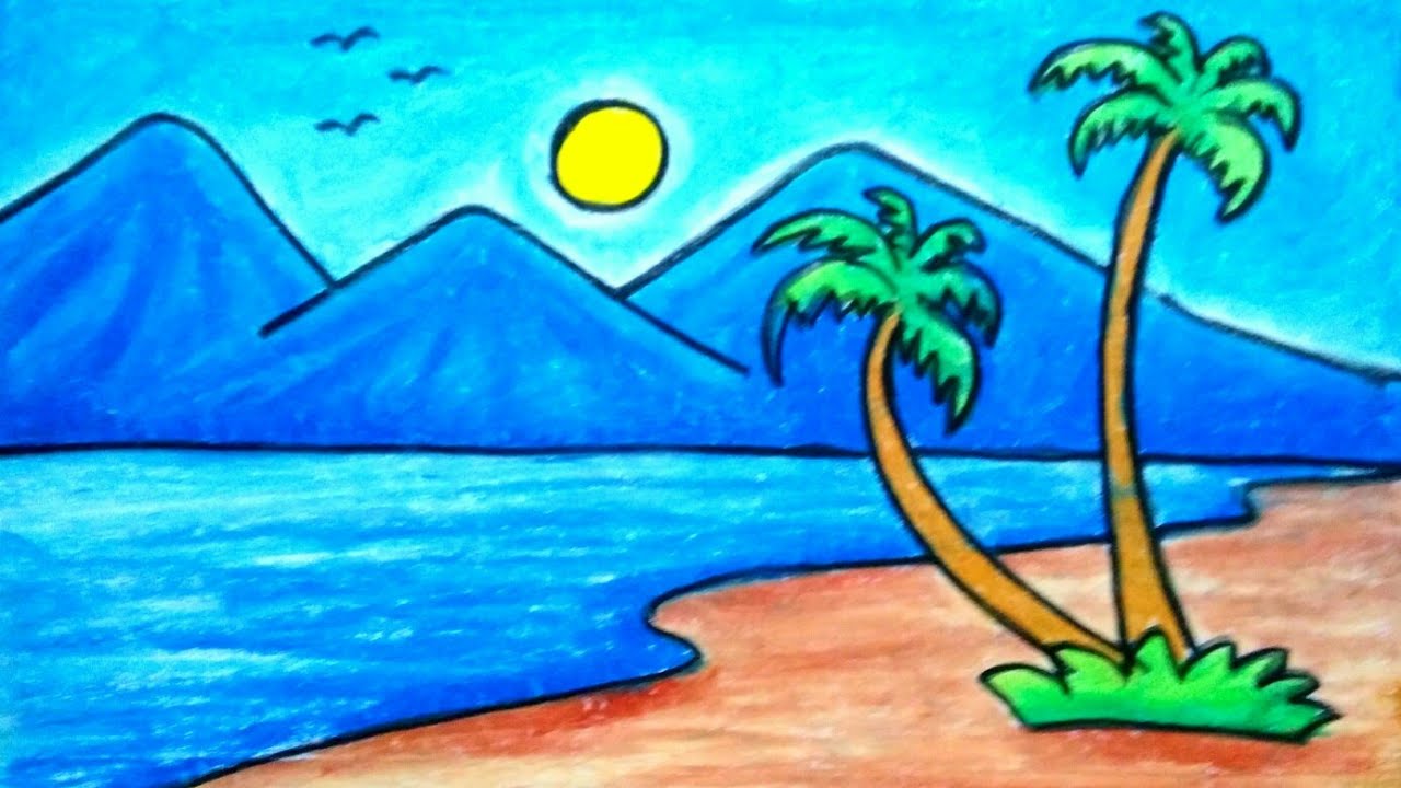 How to Draw Beach Scenery || Gambar Pemandangan Pantai Yang Mudah,Bagus ...