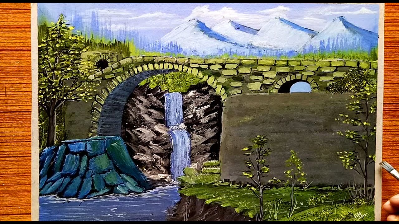 Acrylic Painting Of Waterfall Under The Bridge / Acrylic Painting Of ...