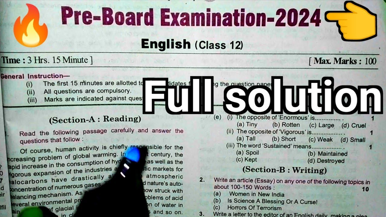 Class 12th English Pre - board examination - 2024 ka sampurn Hal |Class 12th English model paper ...