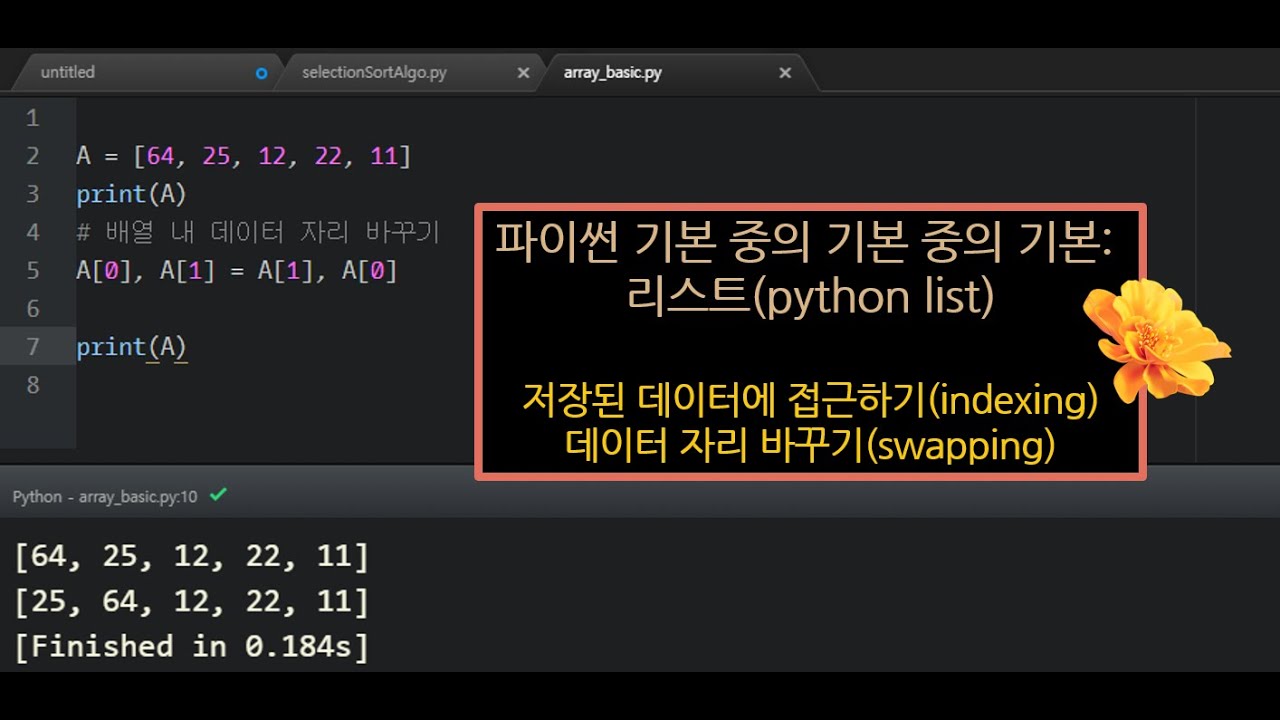파이썬 기본 리스트에 저장된 데이터에 접근하기 리스트 내 2개의 데이터 자리 바꾸기 Youtube
