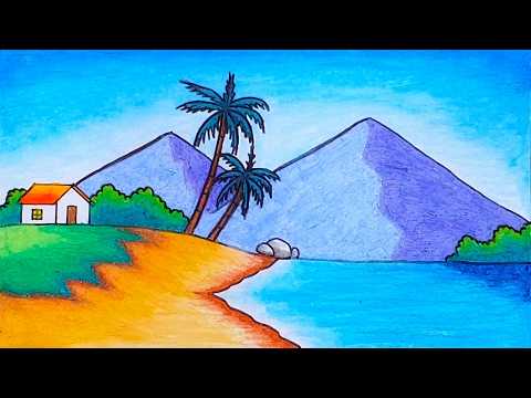 Oil Pastel Drawing | How To Draw Mountain and Beach Scenery _ Easy Scenery Drawing