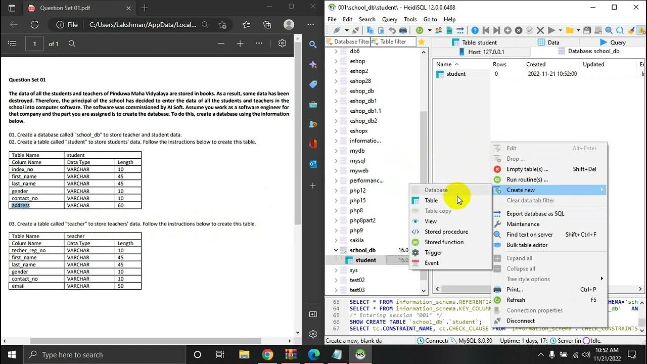Using MySQL Workbench Software or HediSQL Software to create a table in the database. | lakindhu ...