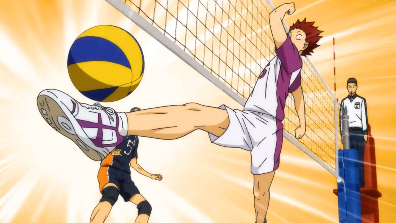 ハイキュー!!| Tendō volleyball middle blocker catches the ball with his feet ...