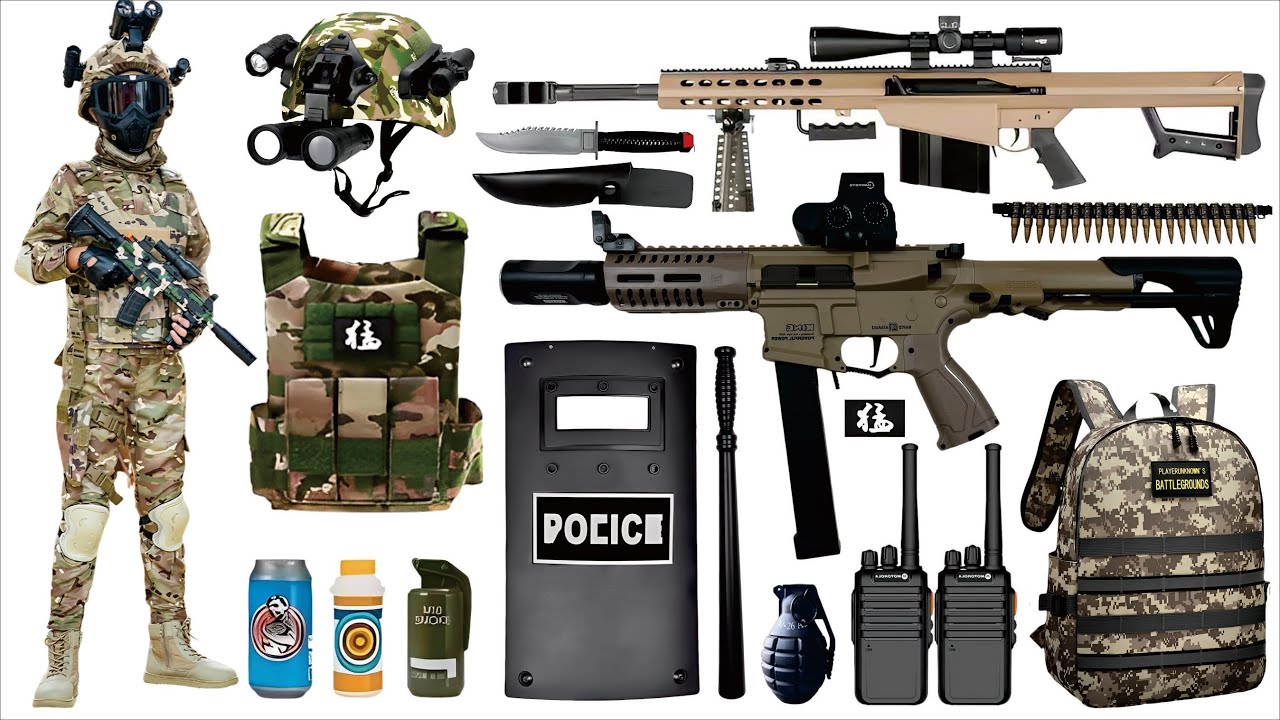 Unpack and collect toy guns, ARP9 assault rifle, Desert Eagle pistol ...