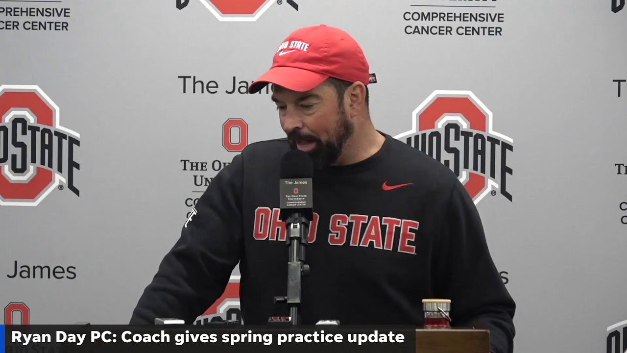 Ohio State football coach Ryan Day speaks during spring practice