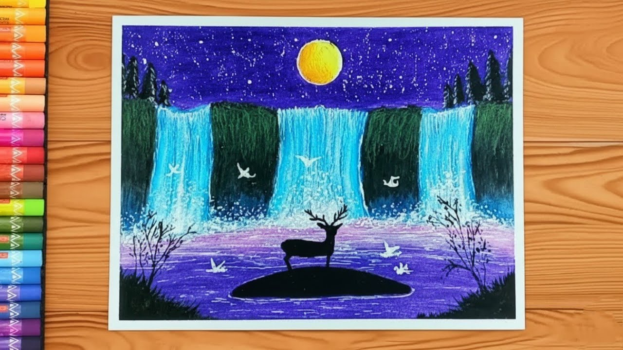 Art with Oil Pastel | Moonlight Waterfall scenery drawing for beginners ...