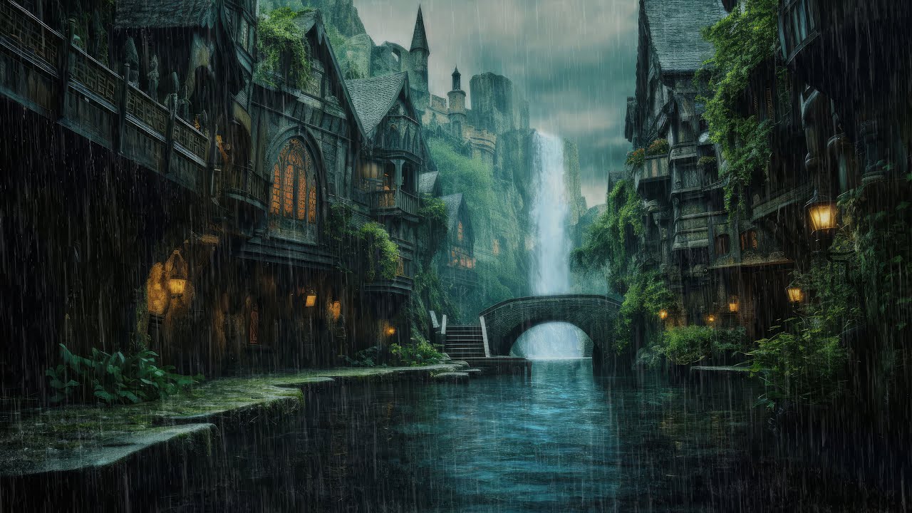 Peaceful Rain with Waterfall and Thunder | River Path in Medieval ...