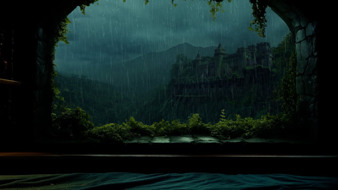 Falling Rain Outside the Window with Thunder | Medieval Old Castle Room ...