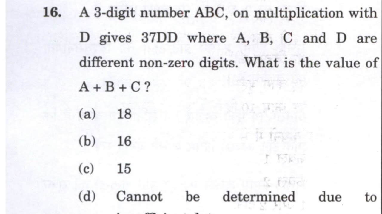 CSAT 2023 A 3 digit Number ABC On Multiplication With D Gives 37DD