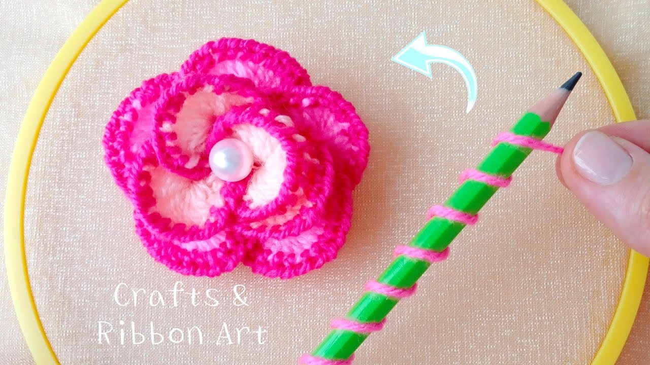 Amazing 3D Woolen Rose Making Ideas with Pencil - Hand Embroidery Easy ...