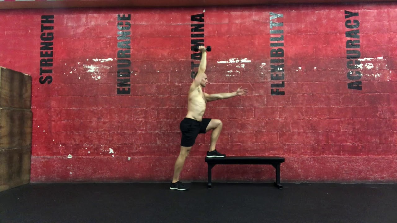One arm overhead dumbbell step up to balance: contralateral - YouTube