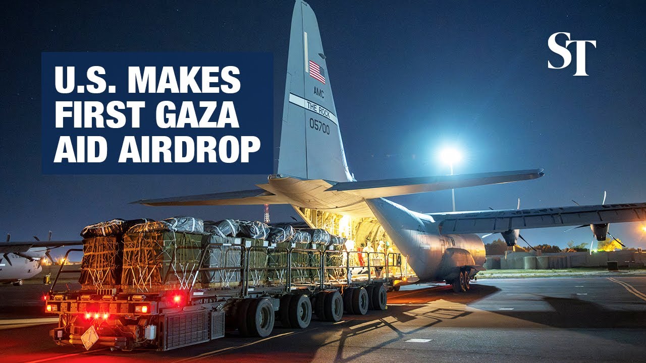 US carries out first aid airdrop into Gaza as famine looms - YouTube