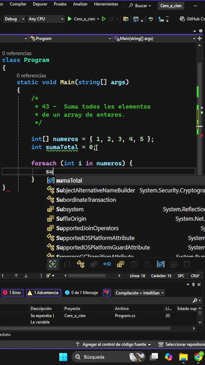 43 - Suma todos los elementos de un array de enteros. en C# - YouTube