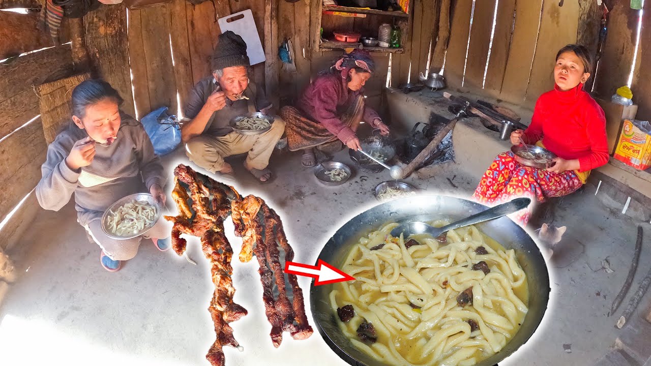 Dried buffalo meat with homemade flour noodles cooking & eating in ...