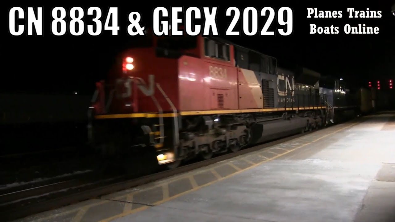 CN E274 Autorack Intermodal Train CN 8834 & GECX 2029 Locomotives Sarnia VIA Station - YouTube