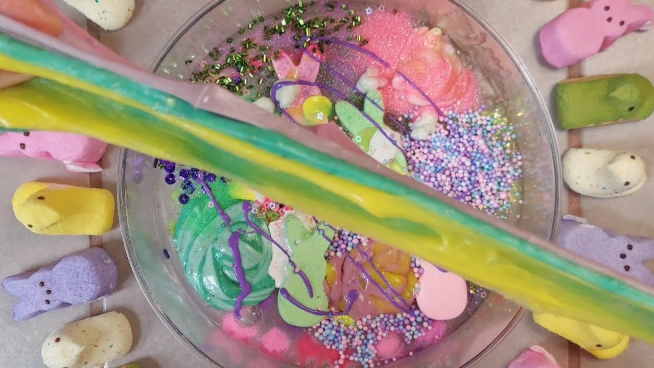 Clear Slime Mixing ASMR - Pastel Peeps - Satisfying Glitter - Spring ...
