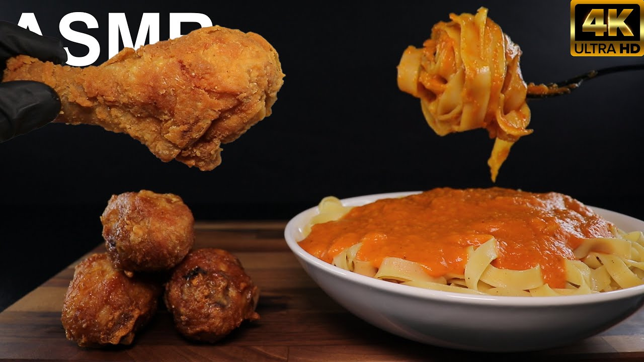ASMR MUKBANG 🎃 CREAMY PUMPKIN FETTUCCINE PASTA WITH JUICY FRIED CHICKEN ...