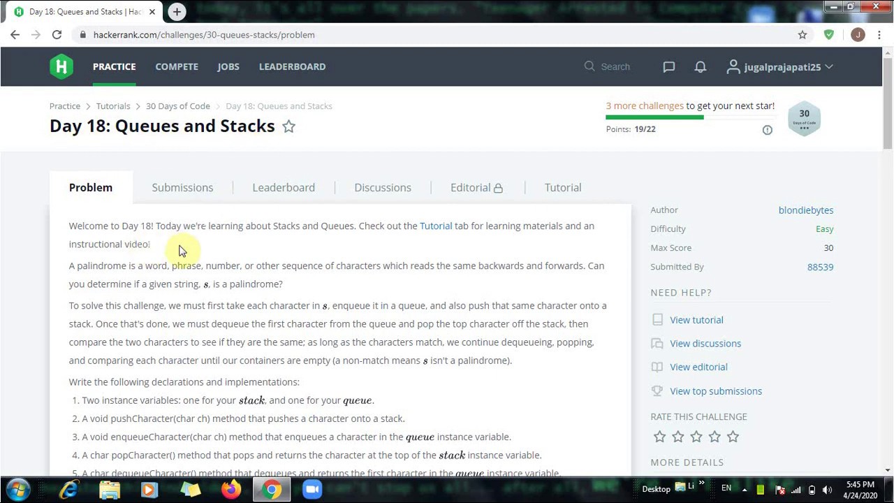 Day 18 Queues And Stacks 30 Days Of Code Python 3 Hackerrank Youtube