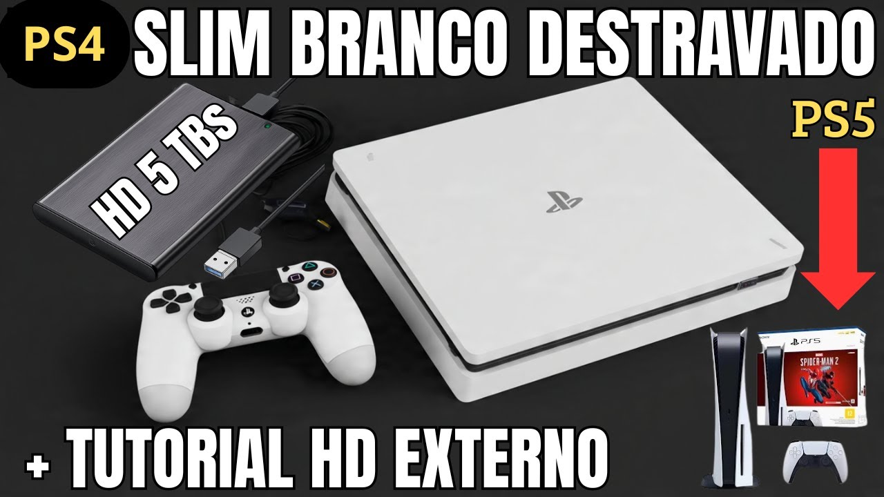 💥PS4 SLIM BRANCO HD 5 TERAS + PS5 DESTRAVADO + TUTORIAL COMO USAR HD ...