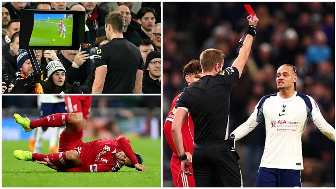 Xavi Simons red card for challenge on van dijk Tottenham vs Liverpool ...
