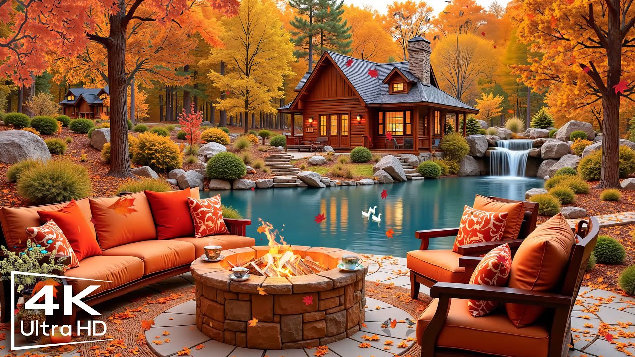 Warm Autumn October Resort 🍂 Gentle Piano Music, Fireplace Sounds ...