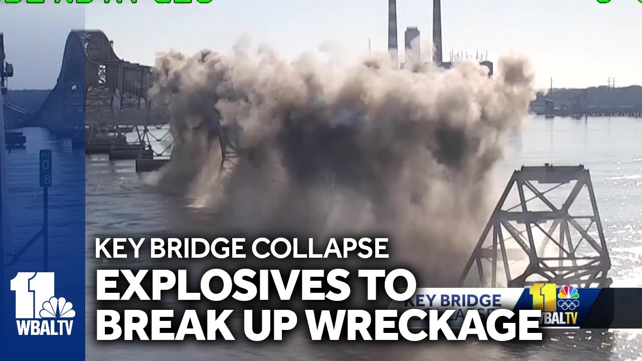 Crew to shelter in place as explosives break up bridge wreckage - YouTube