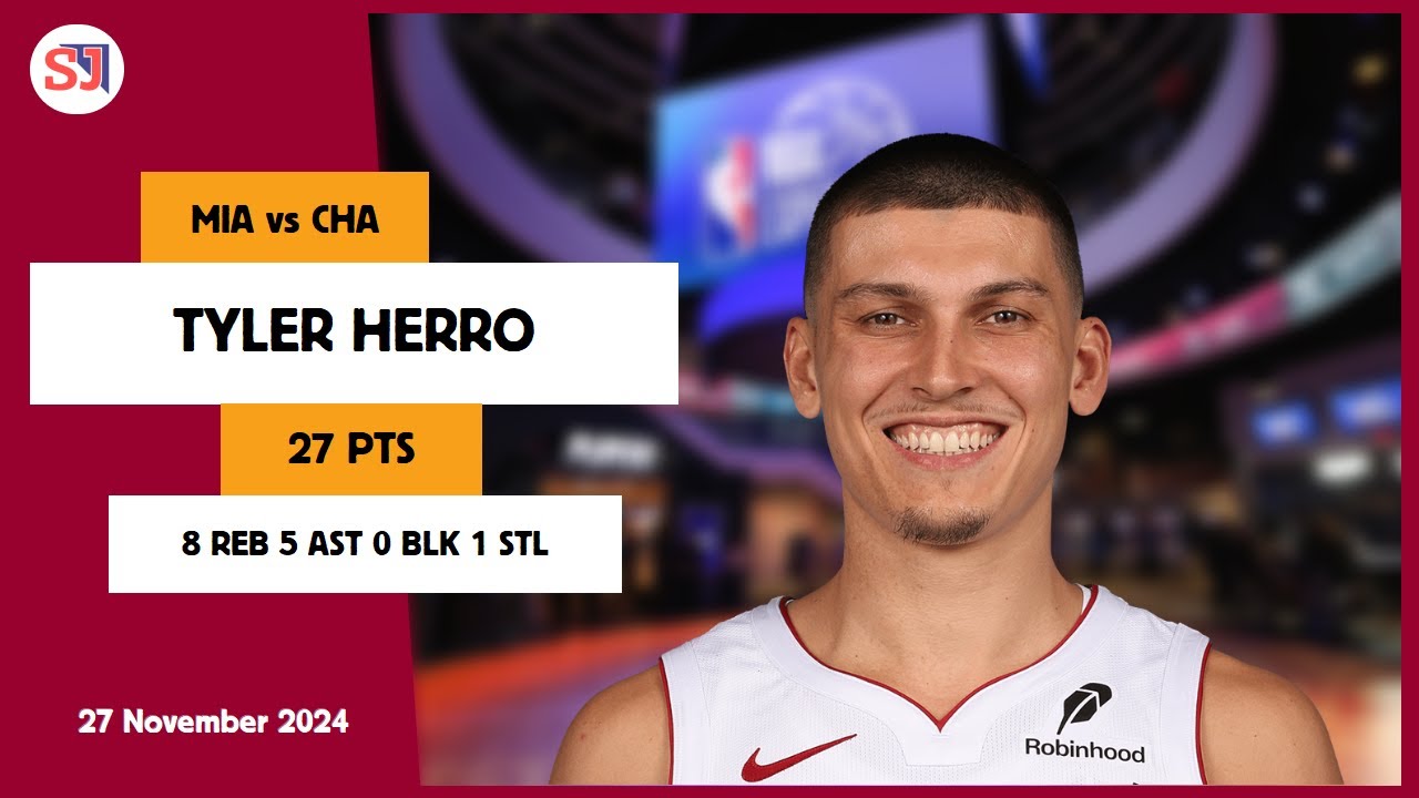 TYLER HERRO 27 PTS vs CHA 27 Nov 24-25 MIA Highlights - YouTube