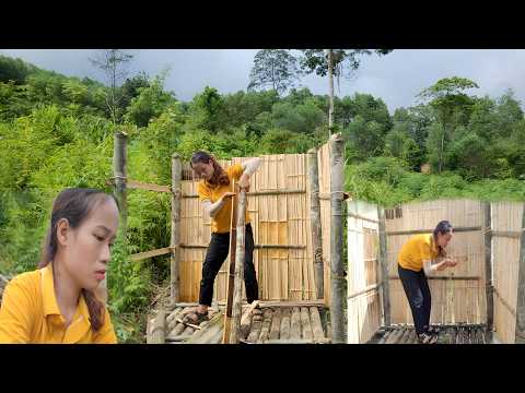 A single mother built a bathroom out of bamboo, bringing water home for daily use.